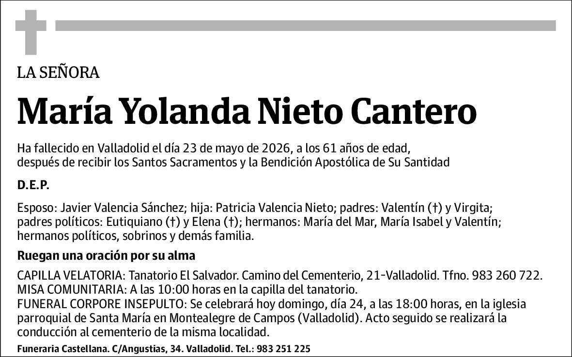 Maria Yolanda Nieto Cantero | Esquela | El Norte de Castilla